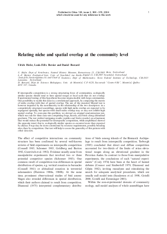 (PDF) Relating niche and spatial overlap at the community level