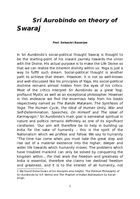 (DOC) Sri Aurobindo on theory of Swaraj in comparison with Contemporaries