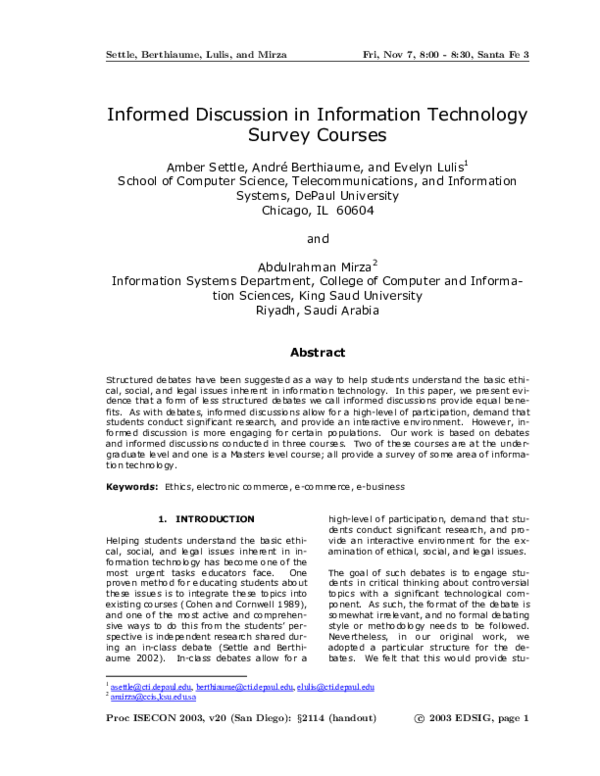 (PDF) Informed Discussion in Information Technology Survey Courses