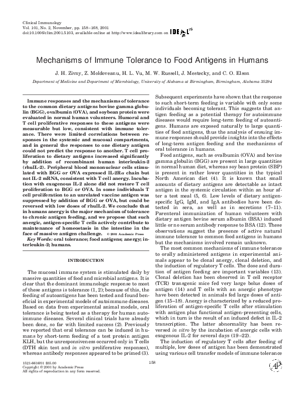 (PDF) Mechanisms of Immune Tolerance to Food Antigens in Humans