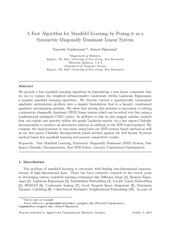 Pdf A Fast Algorithm For Manifold Learning By Posing It As A Symmetric Diagonally Dominant