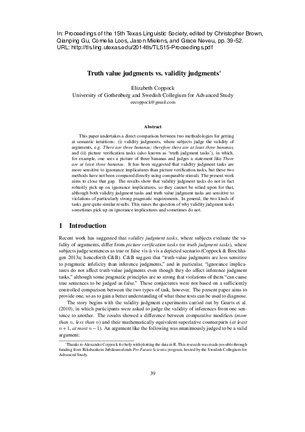(PDF) Truth value judgments vs. validity judgments
