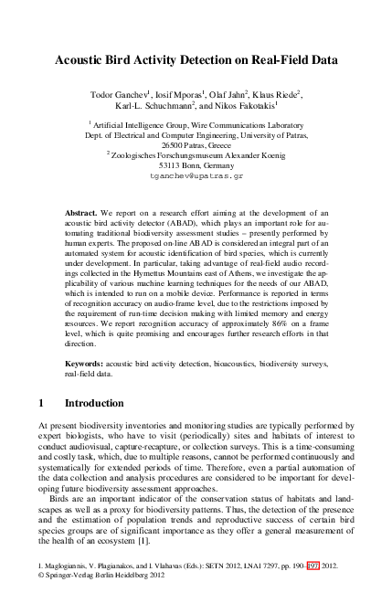 (PDF) Acoustic Bird Activity Detection on Real-Field Data
