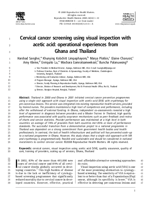 (PDF) Cervical cancer screening using visual inspection with acetic ...