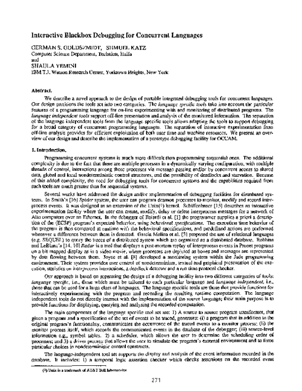 (PDF) Interactive blackbox debugging for concurrent languages | Shaula Yemini - Academia.edu