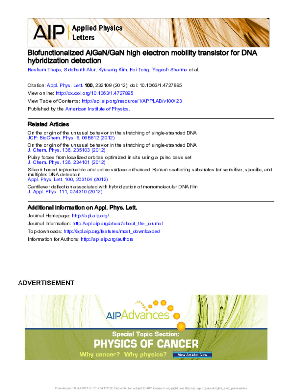 (PDF) AlGaN/GaN HEMT based biosensor