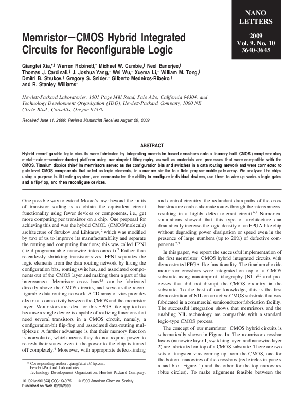 (PDF) Memristor−CMOS Hybrid Integrated Circuits for Reconfigurable Logic