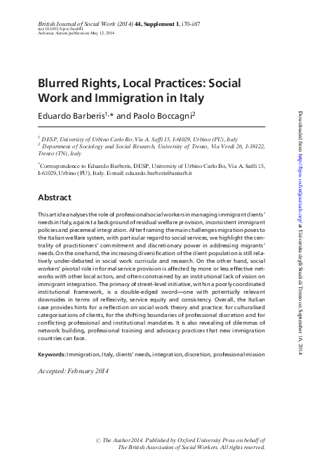 (PDF) Blurred Rights, Local Practices: Social Work and Immigration in Italy