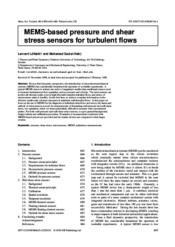(PDF) MEMS-based pressure and shear stress sensors for turbulent flows