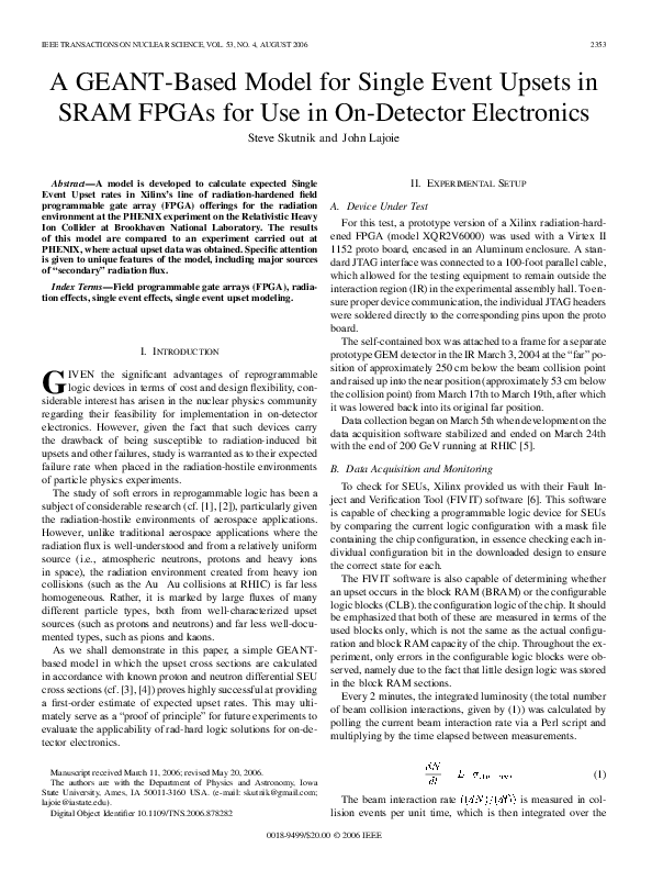 Pdf A Geant Based Model For Single Event Upsets In Sram Fpgas For Use In On Detector Electronics