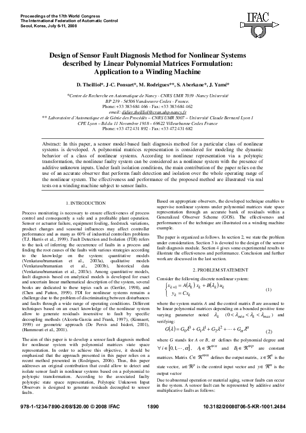 (PDF) Design of sensor fault diagnosis method for nonlinear systems described by linear ...