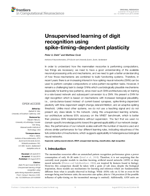 (PDF) Unsupervised learning of digit recognition using spike-timing-dependent plasticity
