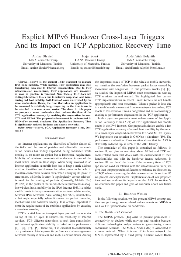 (PDF) Explicit MIPv6 handover cross-layer triggers and its impact on TCP Application recovery ...