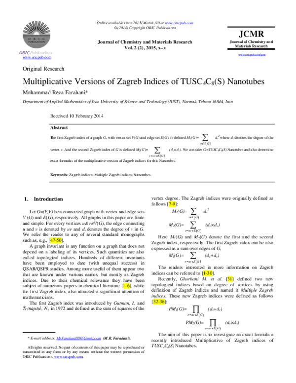 (PDF) Multiplicative Versions of Zagreb indices of TUSC4C8(S). [112]