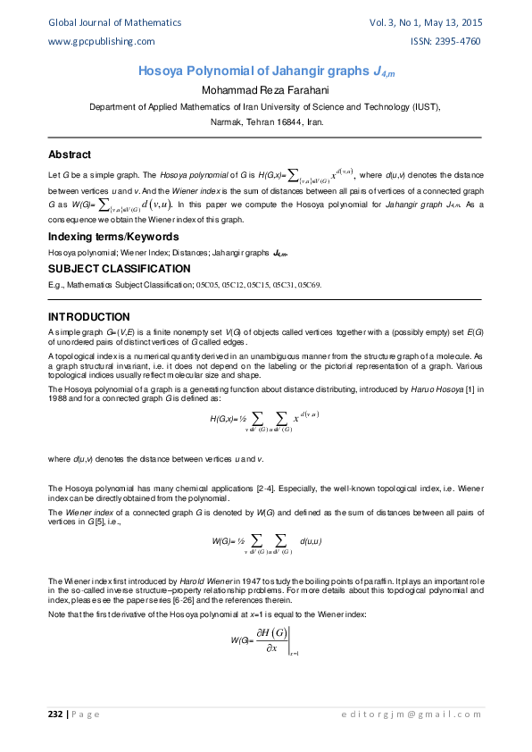 (PDF) Hosoya Polynomial of Jahangir graphs J4,m. [101]