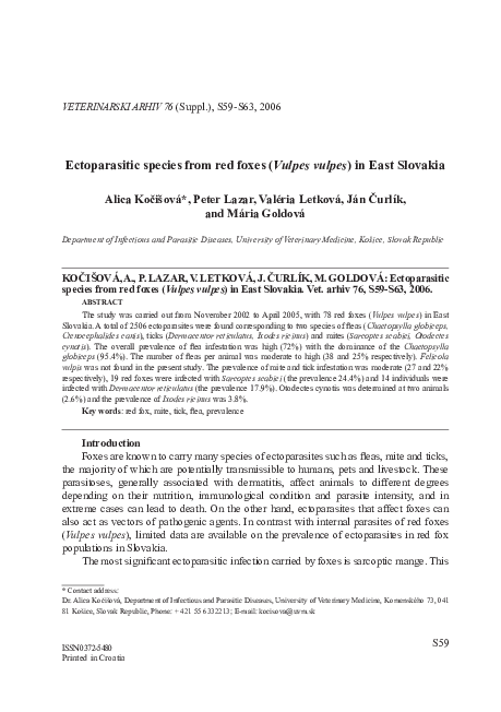 (PDF) Ectoparasitic species from red foxes (Vulpes vulpes) in East Slovakia