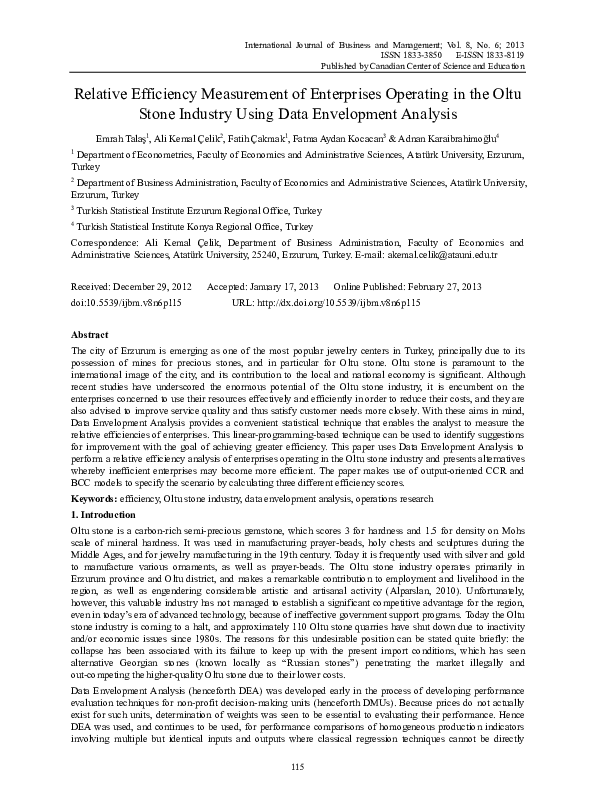 (PDF) Relative Efficiency Measurement of Enterprises Operating in the Oltu Stone Industry Using ...