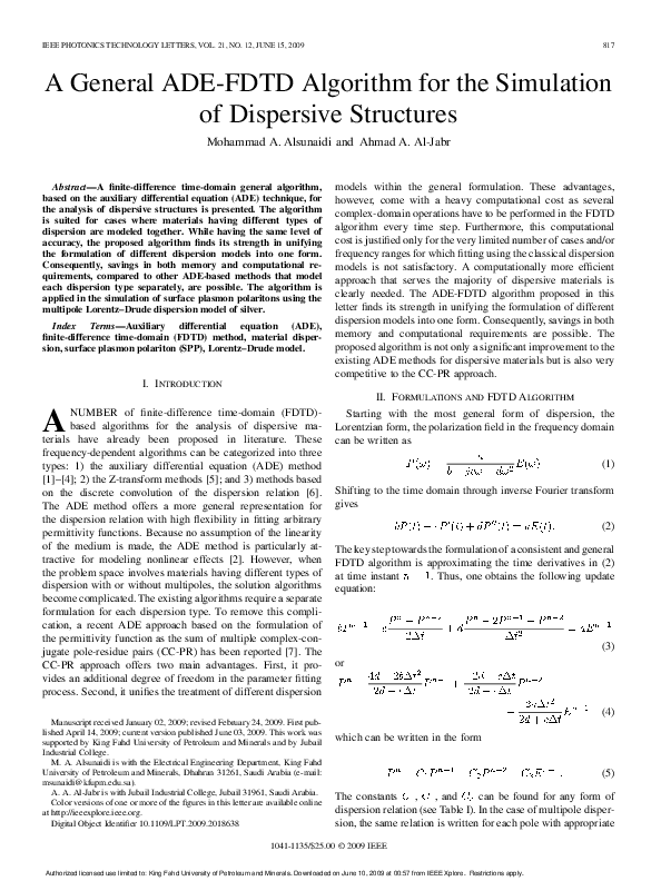 (PDF) A General ADE-FDTD Algorithm for the Simulation of Dispersive Structures