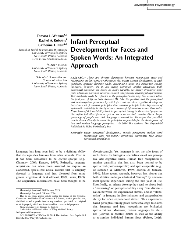 (PDF) Infant perceptual development for faces and spoken words: An ...