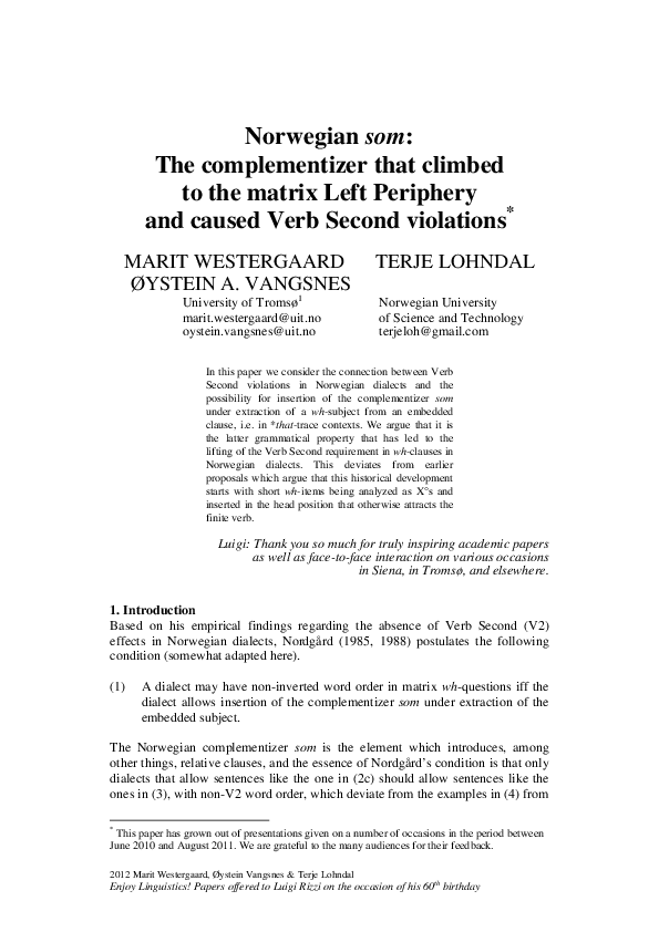 (PDF) Norwegian som: The complementizer that climbed to the matrix Left ...