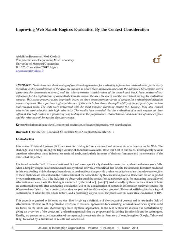 (PDF) Improving Web Search Engines Evaluation By the Context Consideration