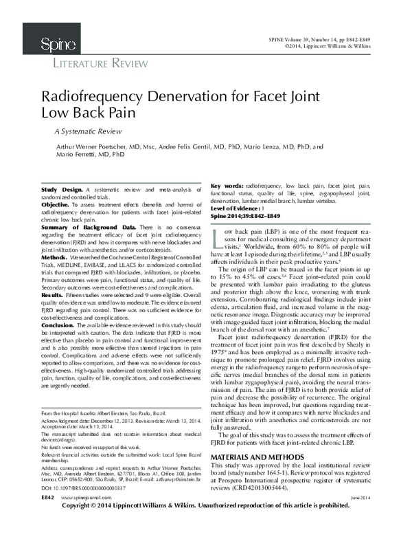 (PDF) Radiofrequency Denervation for Facet Joint Low Back Pain A ...