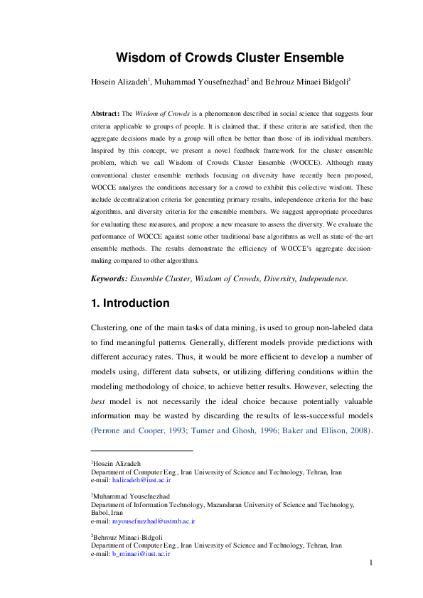 Pdf Wisdom Of Crowds Cluster Ensemble 
