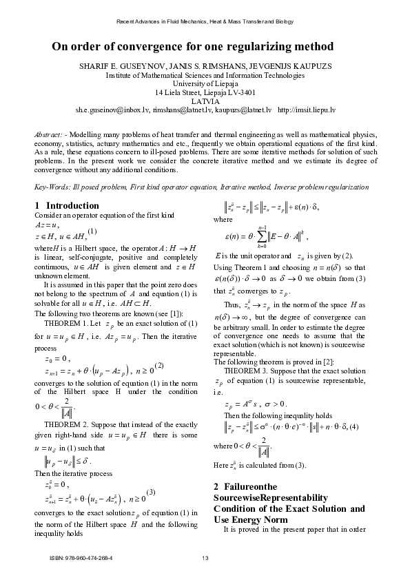 Pdf On Order Of Convergence For One Regularizing Method