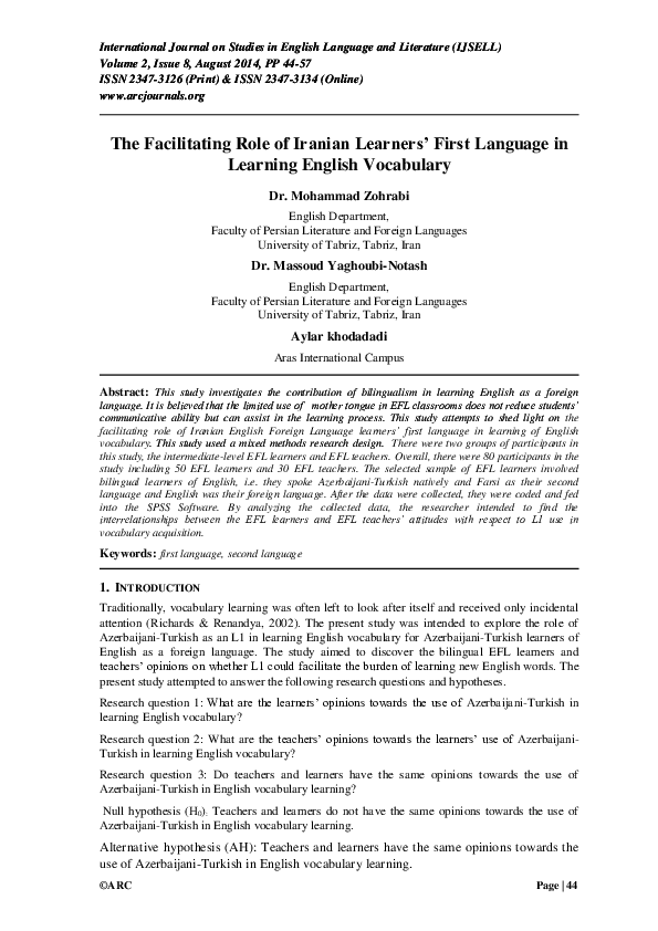 (PDF) The Facilitating Role of Iranian Learners' First Language in ...