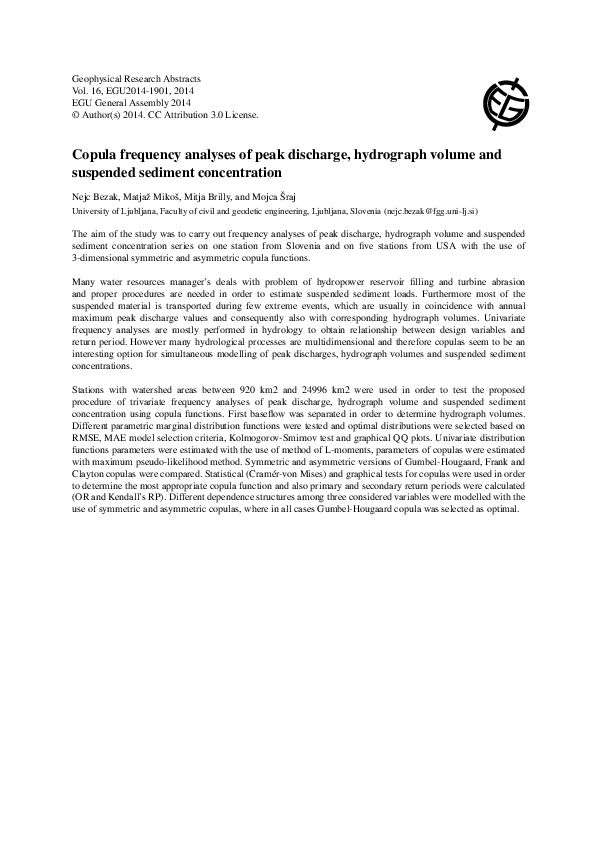 (PDF) Copula frequency analyses of peak discharge, hydrograph volume and suspended sediment ...