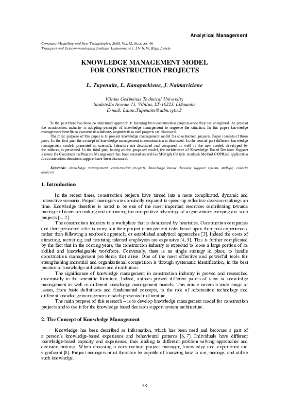 (PDF) KNOWLEDGE MANAGEMENT MODEL FOR CONSTRUCTION PROJECTS