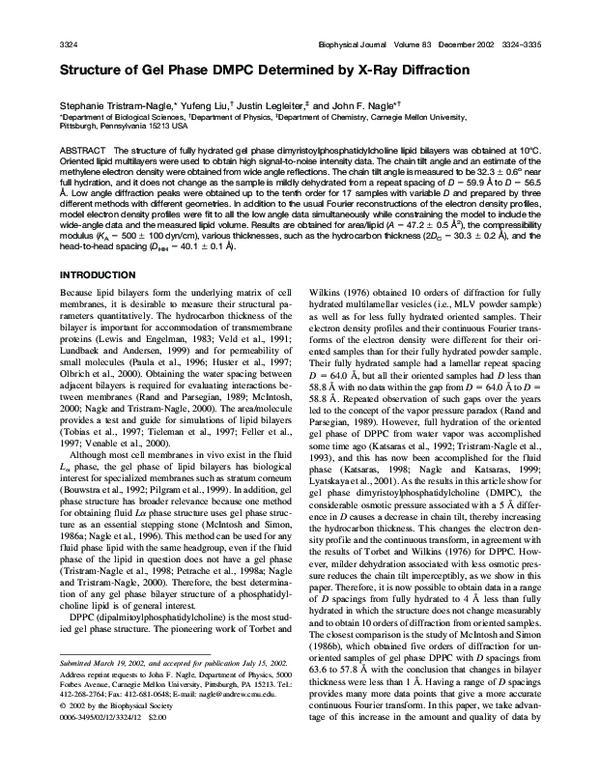 (PDF) Structure of Gel Phase DMPC Determined by X-Ray Diffraction