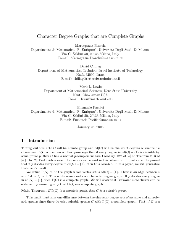 (PDF) Character degree graphs that are complete graphs | Mark Lewis and David Chillag - Academia.edu