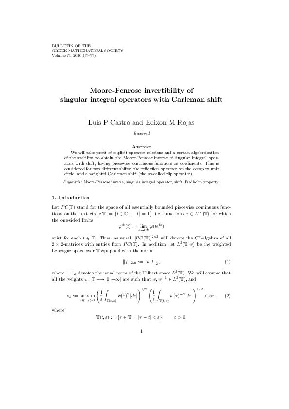 (PDF) Moore-Penrose invertibility of singular integral operators with Carleman shift