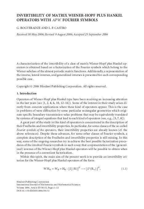 (PDF) Invertibility of matrix Wiener-Hopf plus Hankel operators with APW Fourier symbols