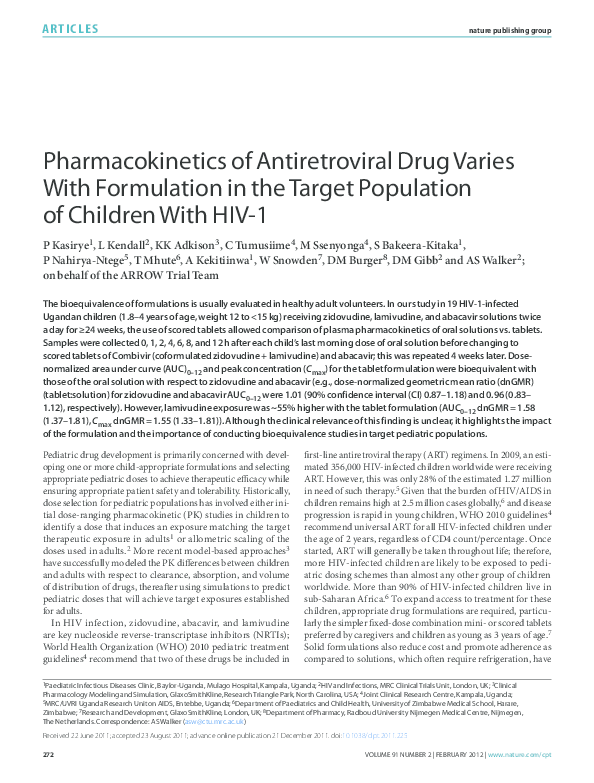 (PDF) Pharmacokinetics of ARV Formulations in HIV-1-Infected Children