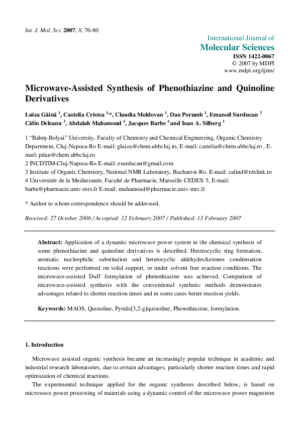 (PDF) Microwave-Assisted Synthesis of Phenothiazine and Qinoline Derivatives