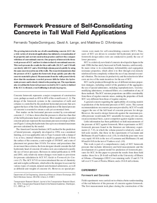 Pdf Formwork Pressure Of Self Consolidating Concrete In Tall Wall Field Applications