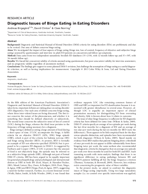 (PDF) Diagnostic Issues of Binge Eating in Eating Disorders