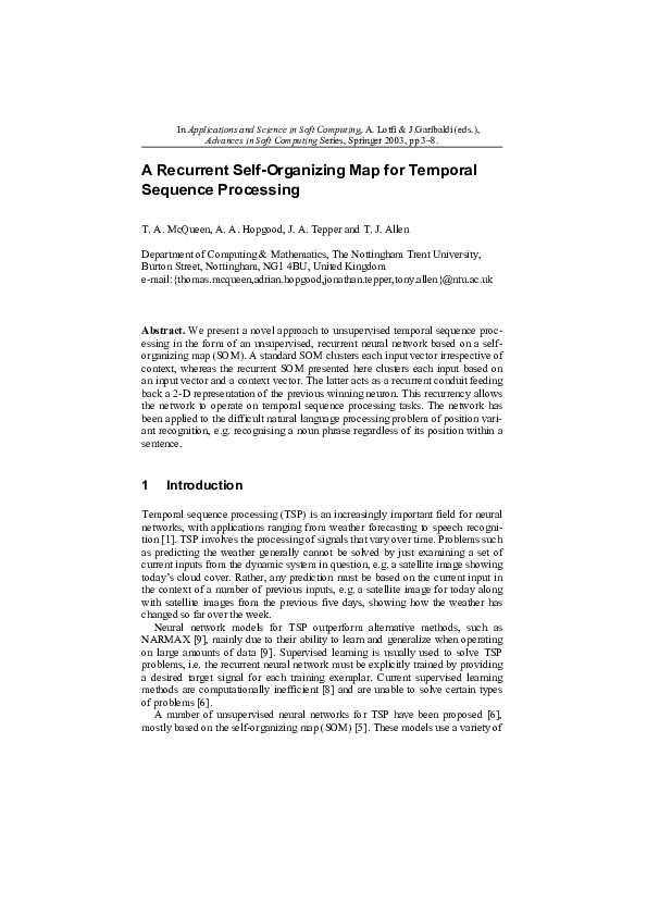 Pdf A Recurrent Self Organizing Map For Temporal Sequence Processing