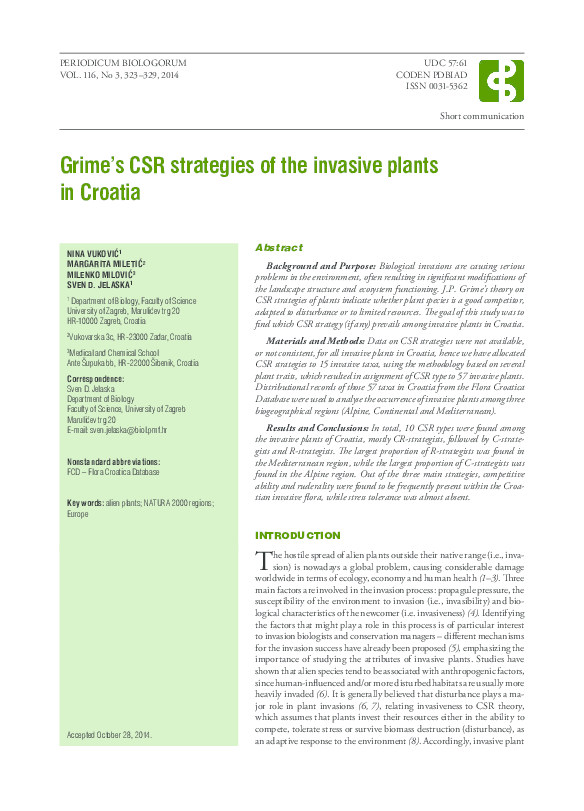 (PDF) Grime's CSR strategies of the invasive plants in Croatia