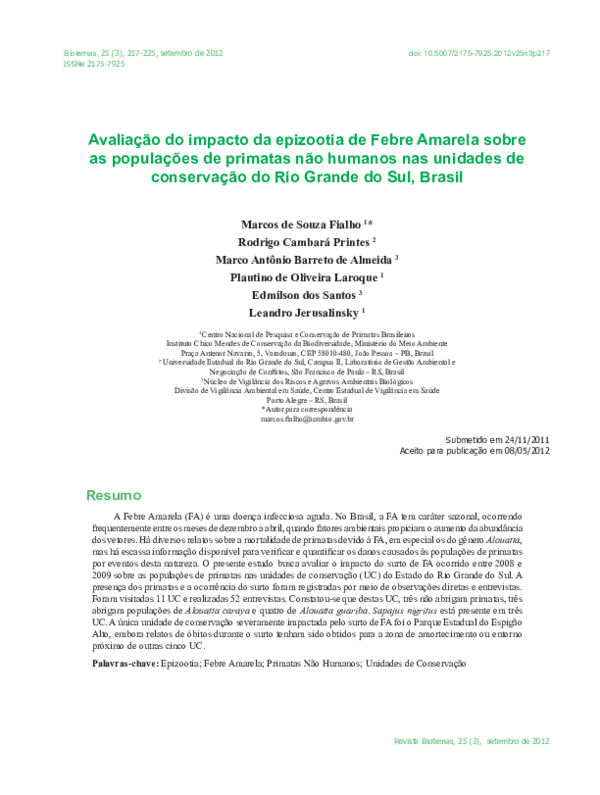 (PDF) Avaliação do impacto da epizootia de Febre Amarela sobre as ...