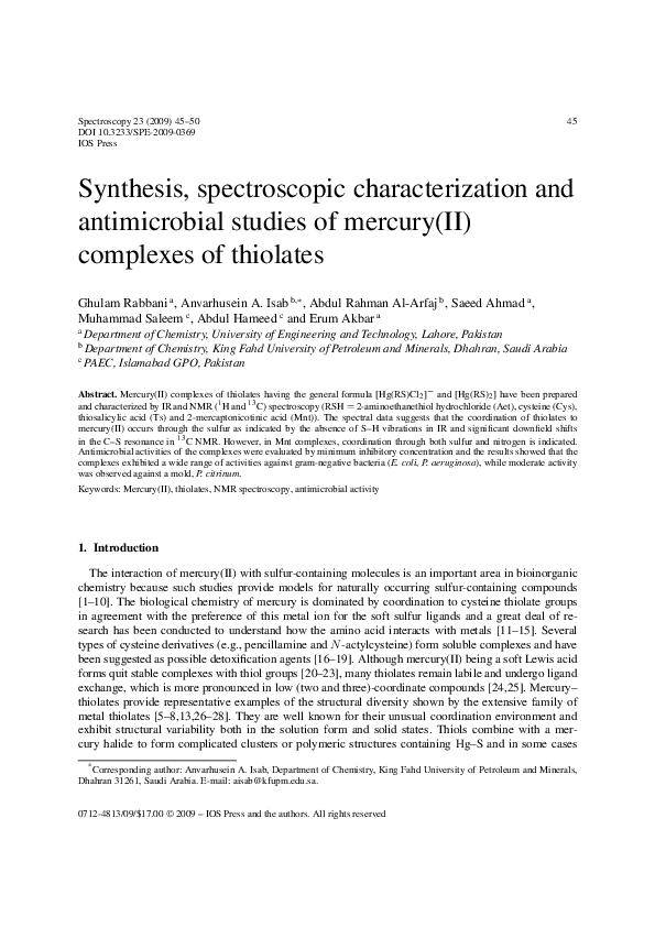 (PDF) Synthesis, spectroscopic characterization and antimicrobial studies of mercury(II ...