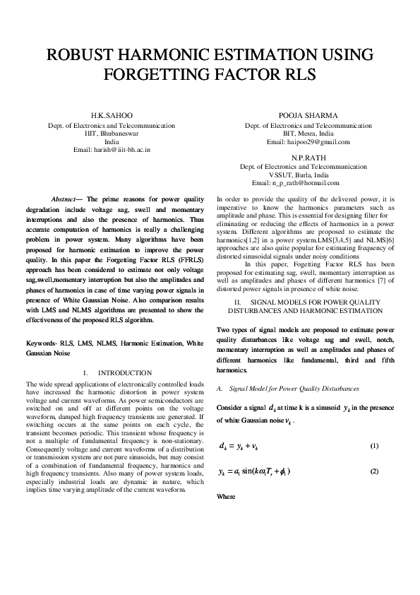(PDF) Robust harmonic estimation using Forgetting Factor RLS