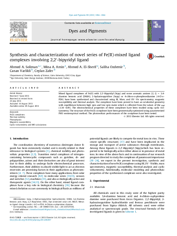 (PDF) Synthesis and characterization of novel series of Fe(II)-mixed ligand complexes involving ...