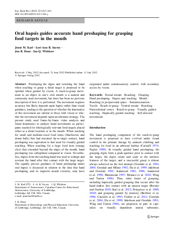 (PDF) Oral hapsis guides accurate hand preshaping for grasping food ...