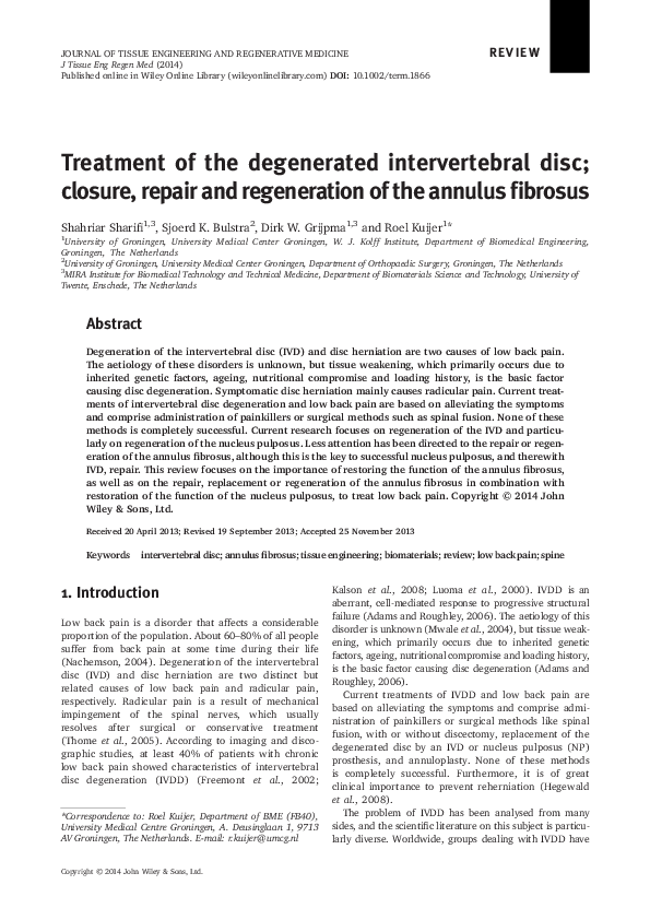 (PDF) Treatment of the degenerated intervertebral disc; closure, repair ...