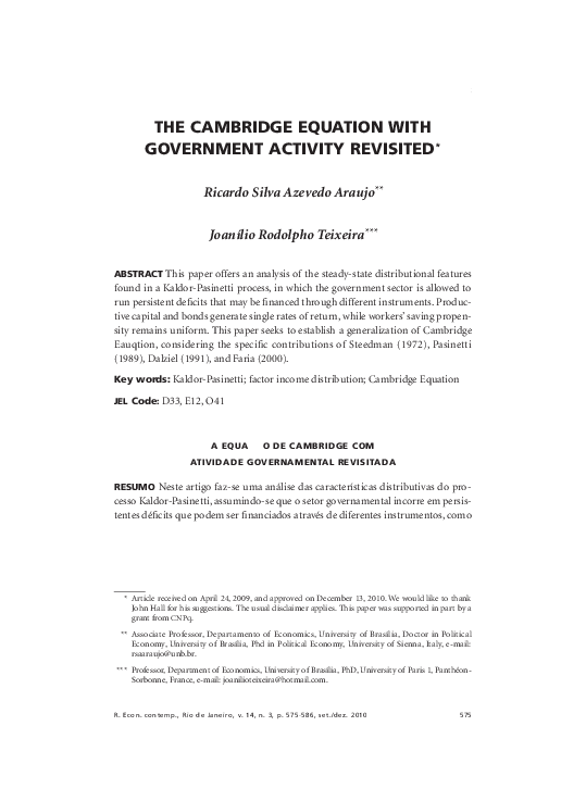 (PDF) The Cambridge Equation with government activity revisited