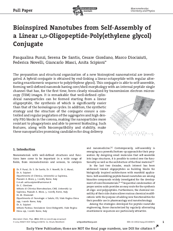 (PDF) Bioinspired Nanotubes from Self-Assembly of a Linear l,d-Oligopeptide-Poly(ethylene glycol ...