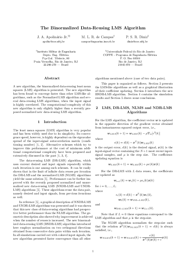 Pdf The Binormalized Data Reusing Lms Algorithm